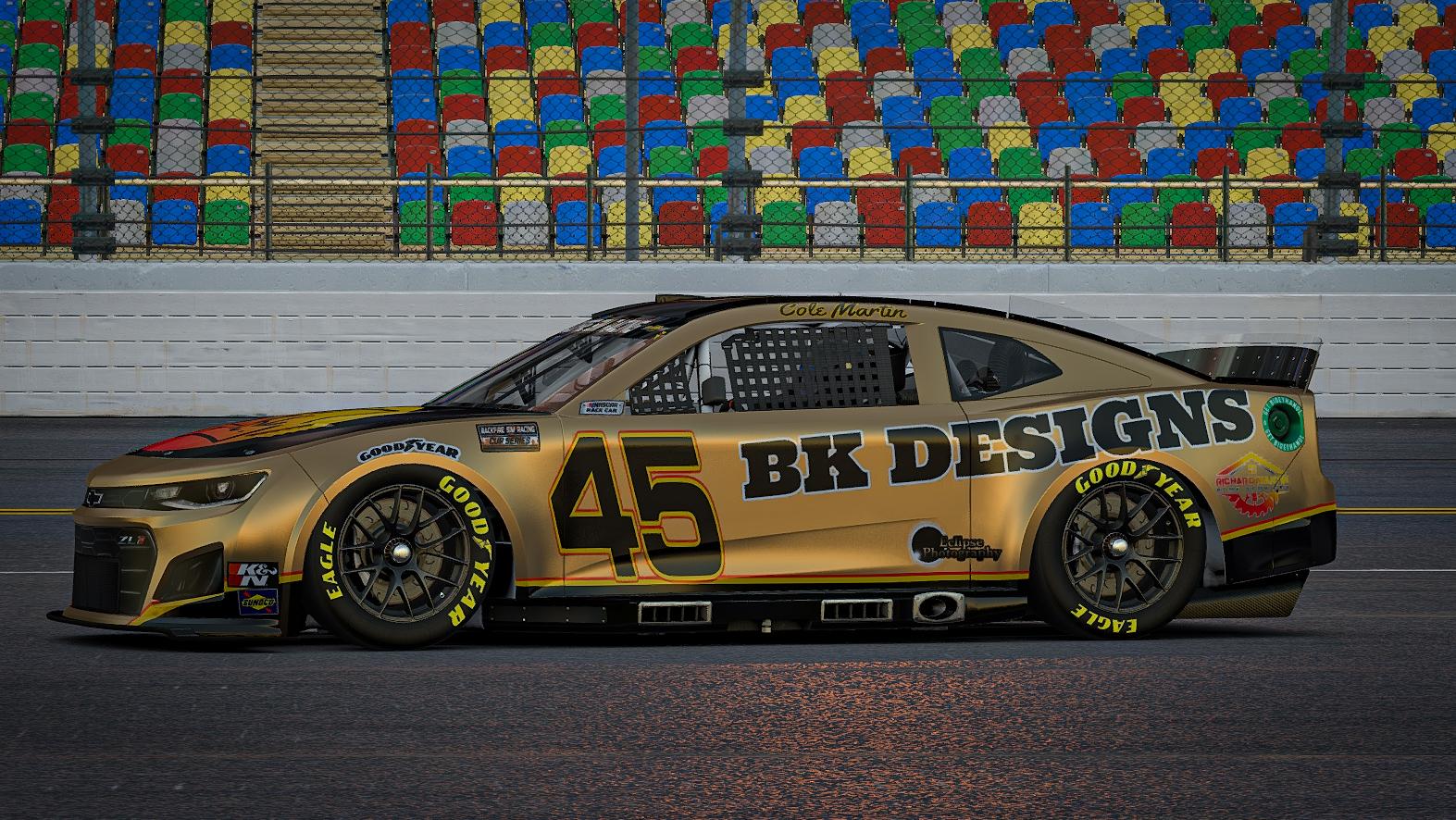 #45 BK Designs BackFire throwback scheme by Noah O. - Trading Paints